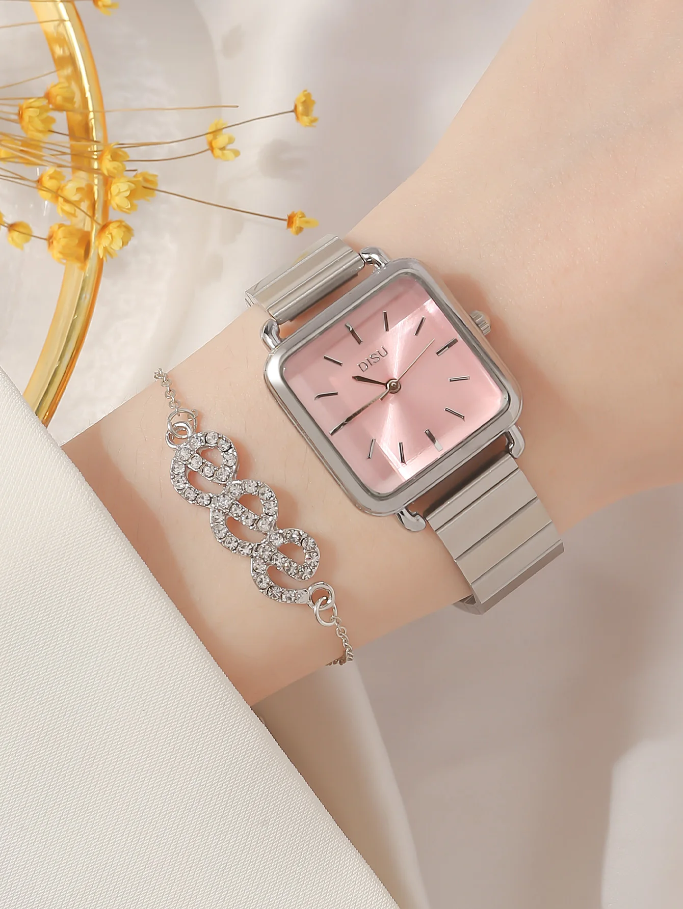 A-Women-s-Pink-Classic-Fashion-Small-Square-Stainless-Steel-Watch-With ...