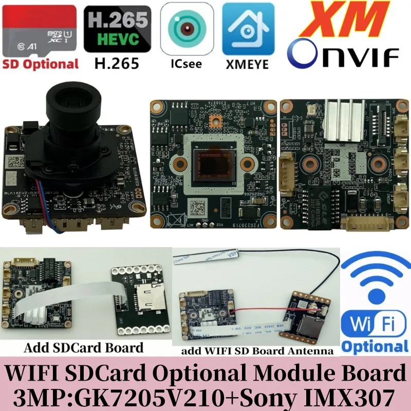 WIFI SDCard Optional 3MP XM IP Camera Module Board M12 Lens IRCut ...