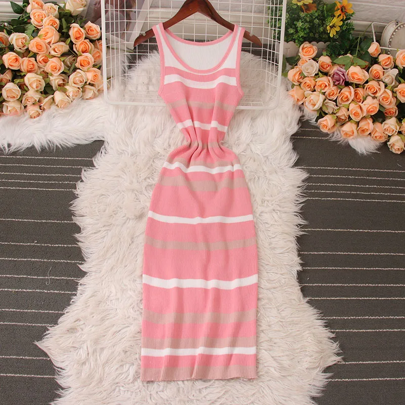 2024-New-Summer-Chic-Stripe-O-neck-Knit-Elastic-Bodycon-Dress-Sexy ...