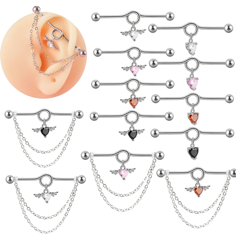 Surgical Steel Heart Zircon Dangle Chain Devil Industrial Barbell Ring ...
