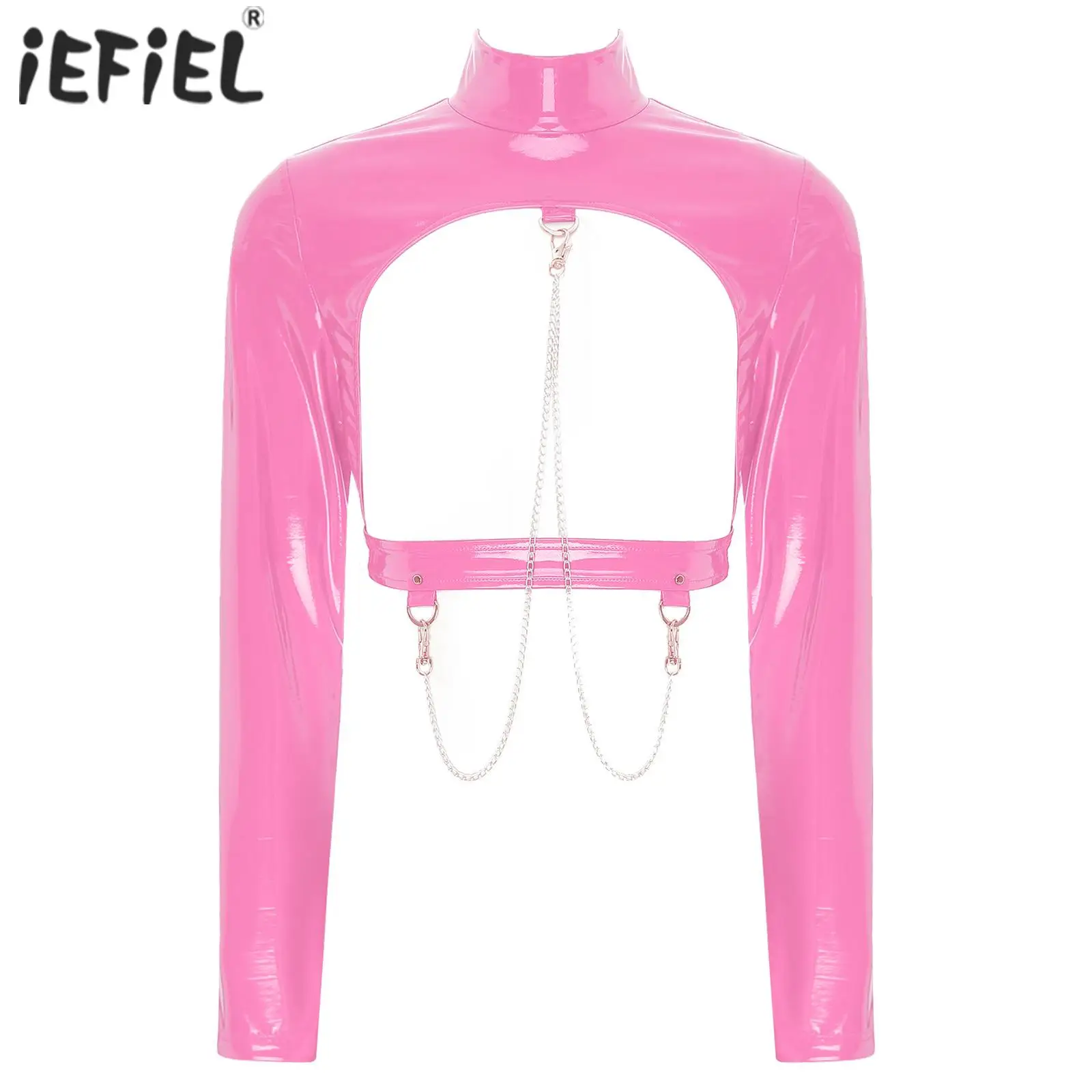 Womens-Lingerie-Open-Chest-Glossy-Patent-Leather-Crop-Top-with-Metal ...