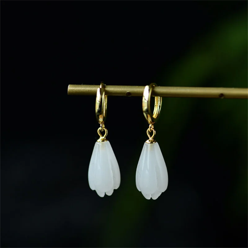 White Jade Magnolia Earrings 925 Sterling Silver Ear Buckle Gilt Retro ...