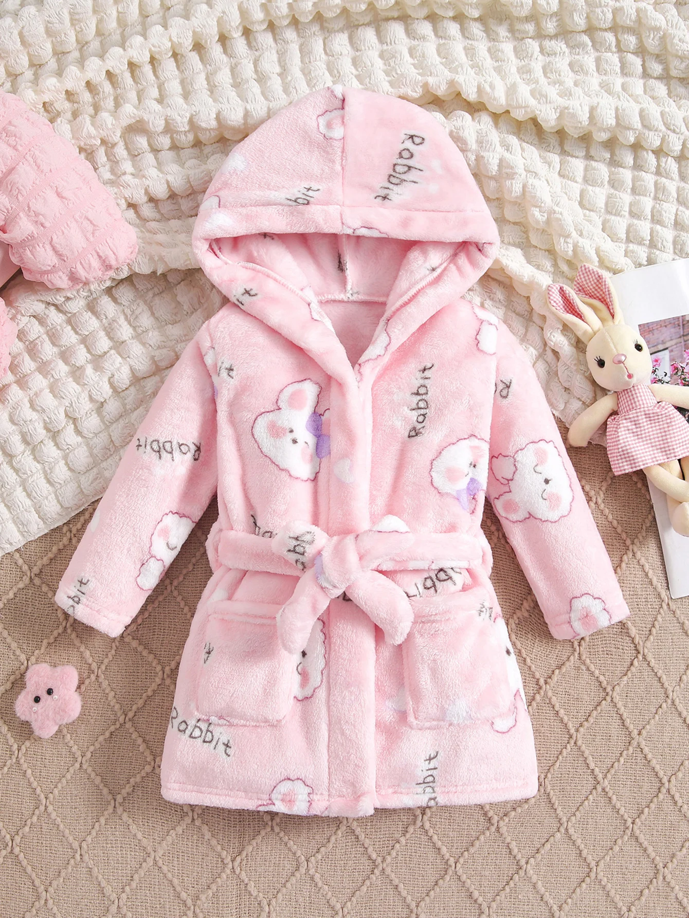 Toddler-Kid-Girls-Cute-Cartoon-Bunny-Hooded-Bathrobe-With-Bow-Thick ...
