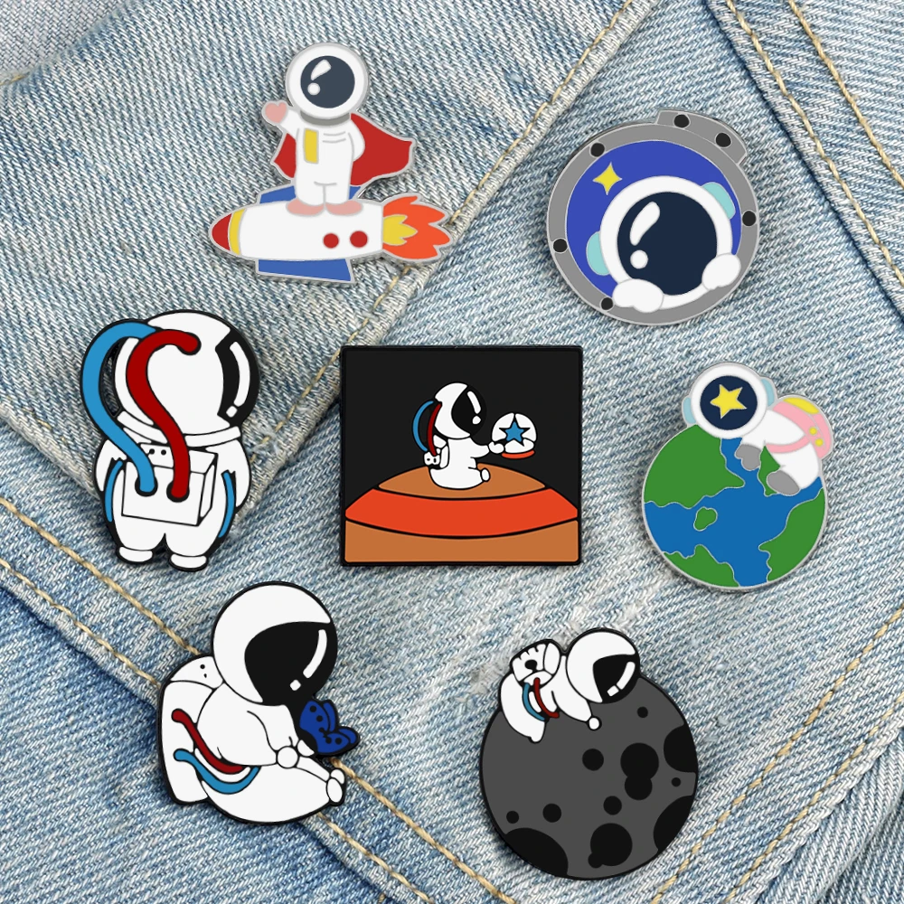 Cute-Planet-Rocket-Astronaut-Lapel-Pins-Cartoon-Childlike-Earth-Moon ...