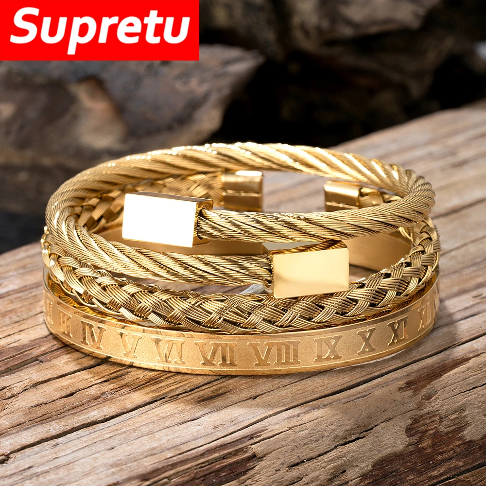 3-Pcs-Set-Retro-Roman-Numeral-Gold-Color-Stainless-Steel-Bracelets ...