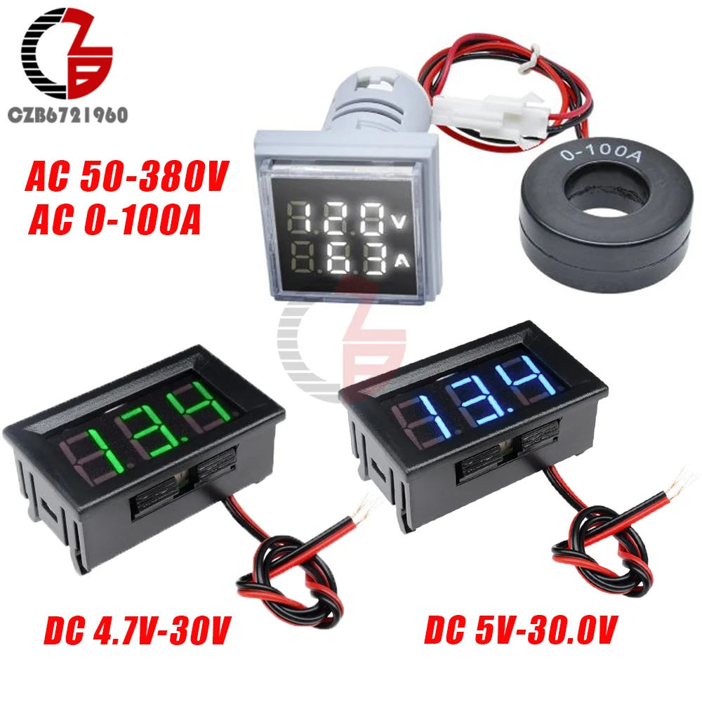 AC 50-380V DC 4.5-30V Digital Voltmeter Ammeter Blue + Green LED ...