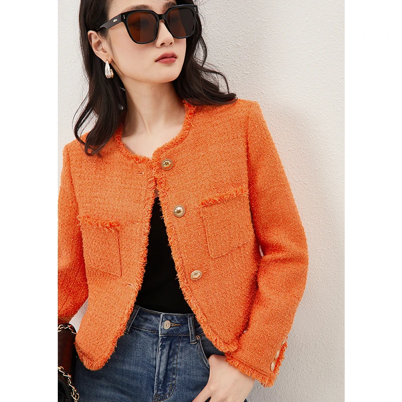 Orange Tweed Jacket Women 2023 Crop Jacket Pocket Blazer Femme High ...