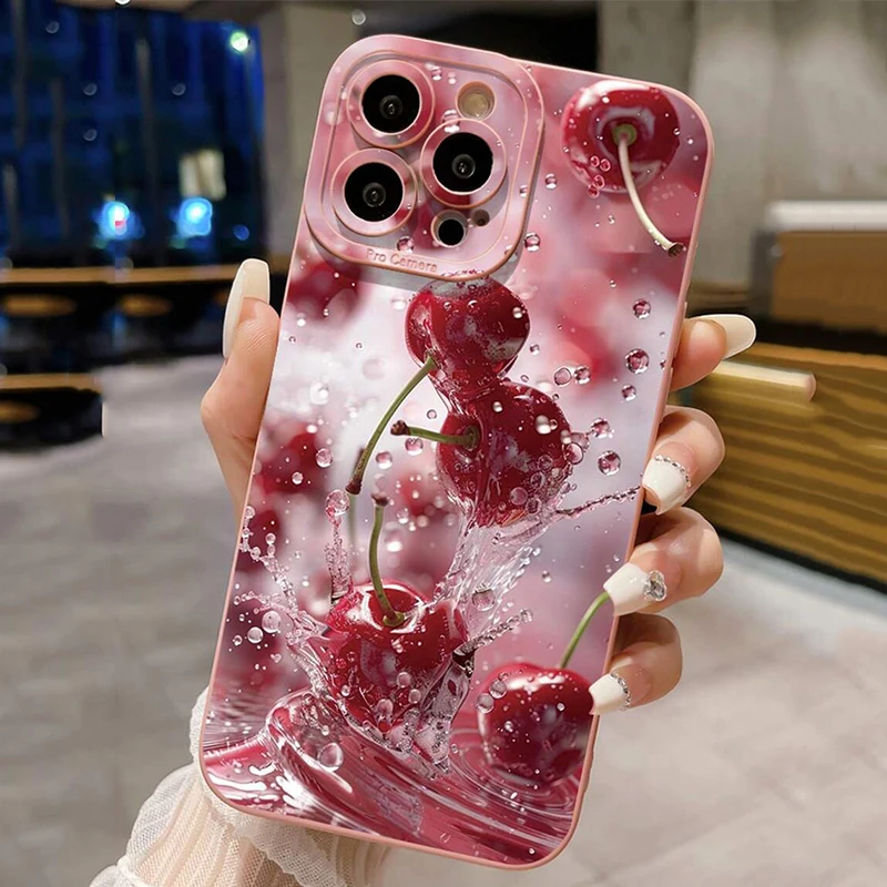 For iPhone 16 15 14 13 12 11 Pro Max Case Spray-proof Cherry Design ...