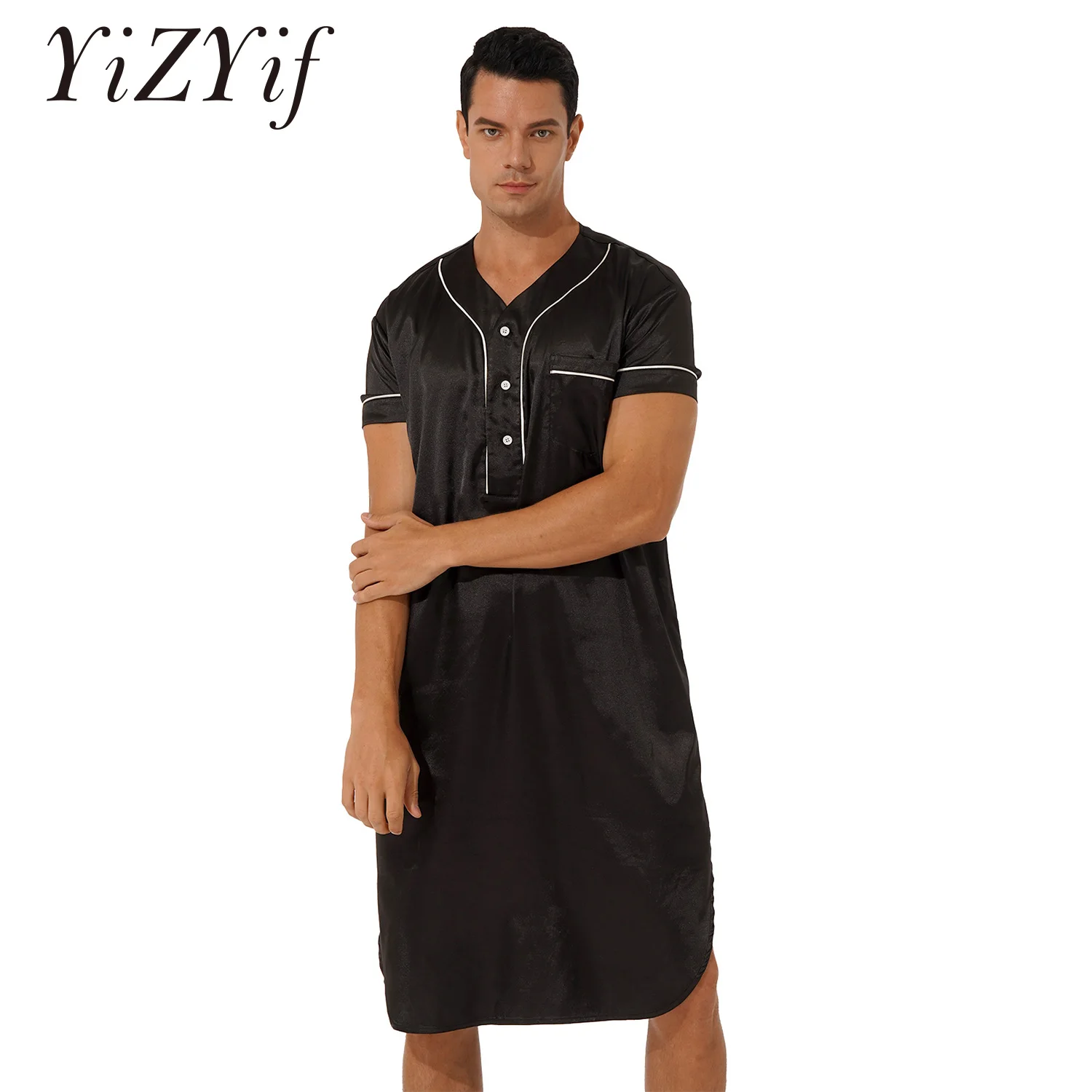 2022 Men Short Sleeve Sleep Robes Homewear V Neck Button Cozy Bathrobe ...