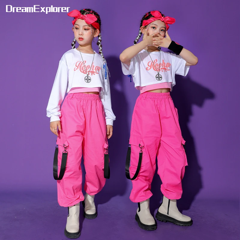 Hip Hop Girls Crop Top Pink Cargo Pant Kids Sweatshirt Street Dance ...