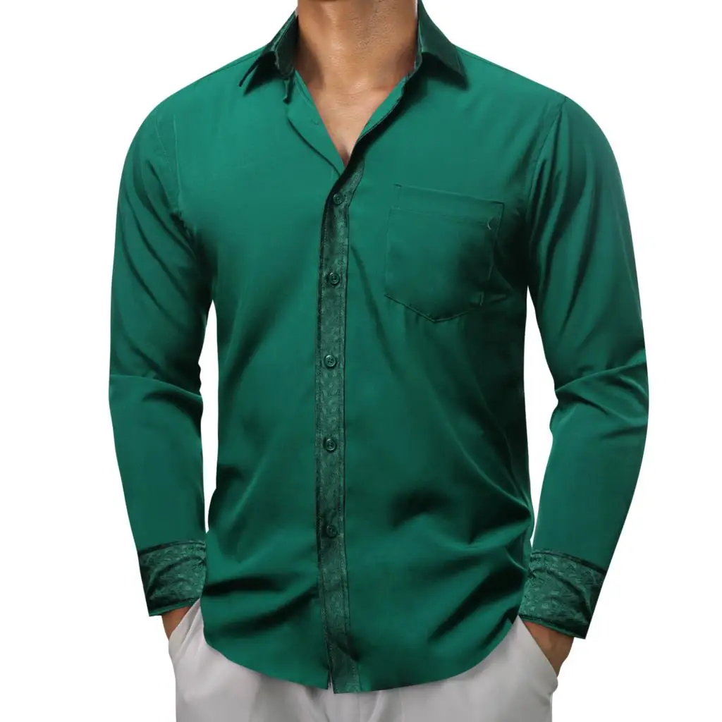 Designer Shirts for Men Silk Long Sleeve Green Solid Plain Patch Slim ...
