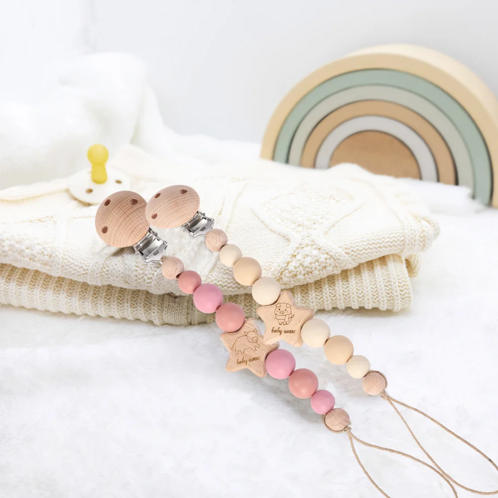 Personalized-Pacifier-Clip-Cute-Pig-Baby-Wood-Pacifier-Baby-Baptism ...