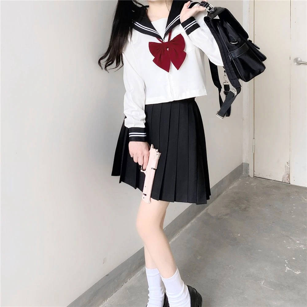 Girls JK School Uniform Suits Two Lines Black School Clothes Sailor ...