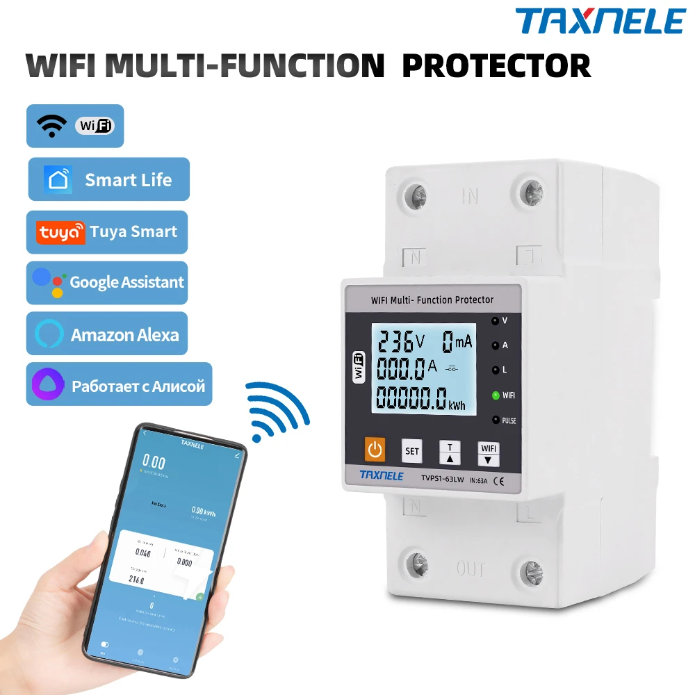 63A TUYA WiFi Smart Earth Leakage Over Under Voltage Protector Relay ...