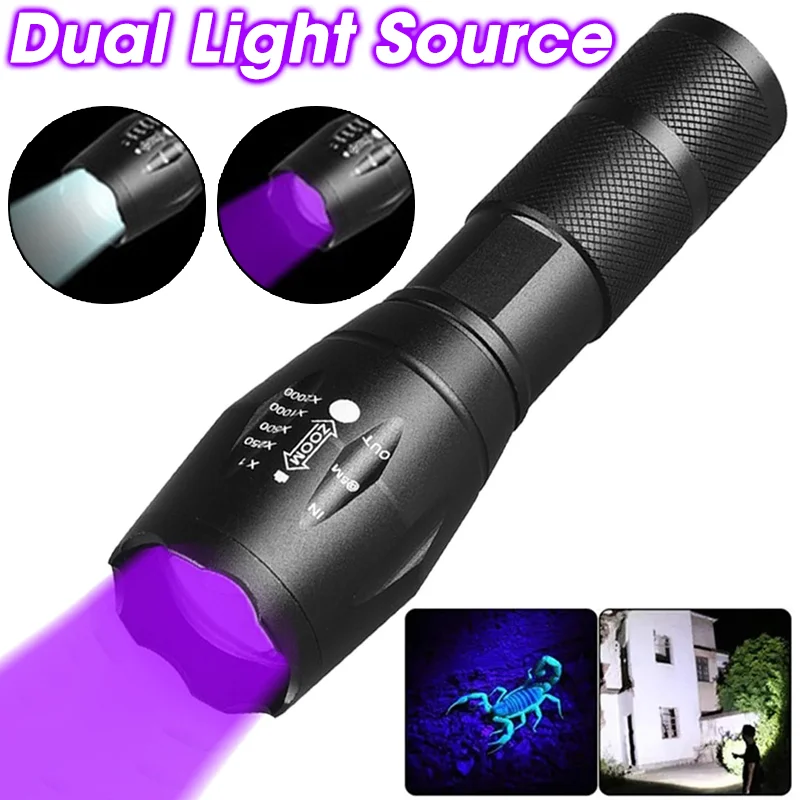 Dual-Light-Source-Zoom-Flashlight-LED-Purple-Light-Lamp-Banknote ...