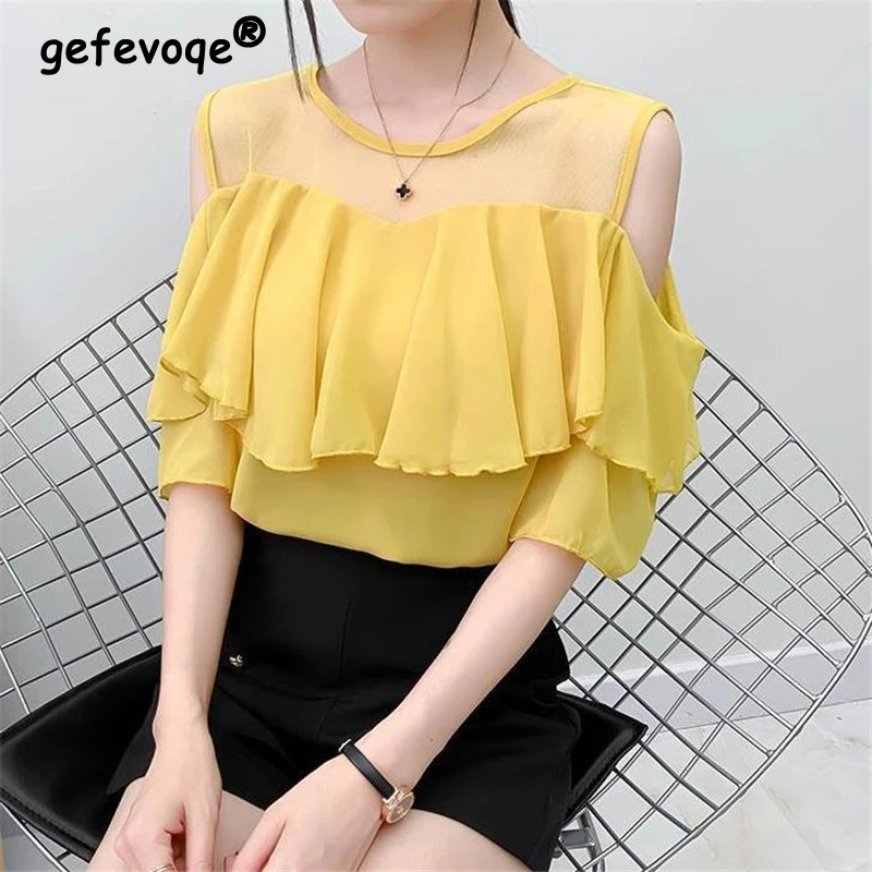 Women Sexy Sheer Mesh Pacthwork Off Shoulder Ruffle Blouse Summer