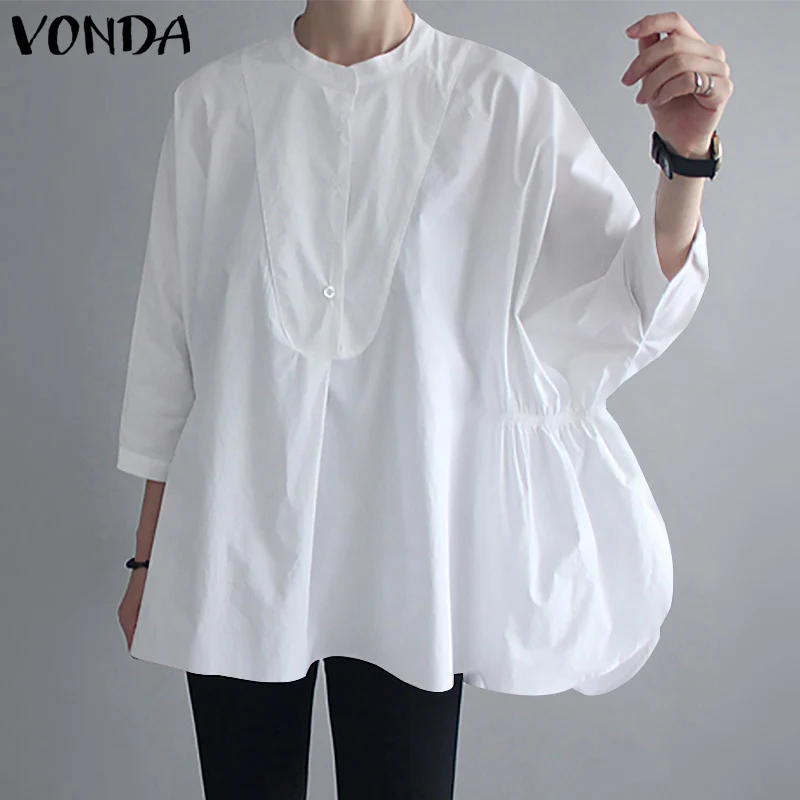 Vonda Women White Shirts 2022 Casual Solid Color Blouse Baggy 3/4 ...