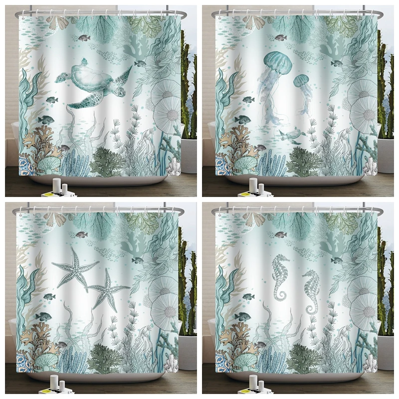 Sea Turtle Shower Curtain Ocean Animals Jellyfish Seahorse Starfish ...