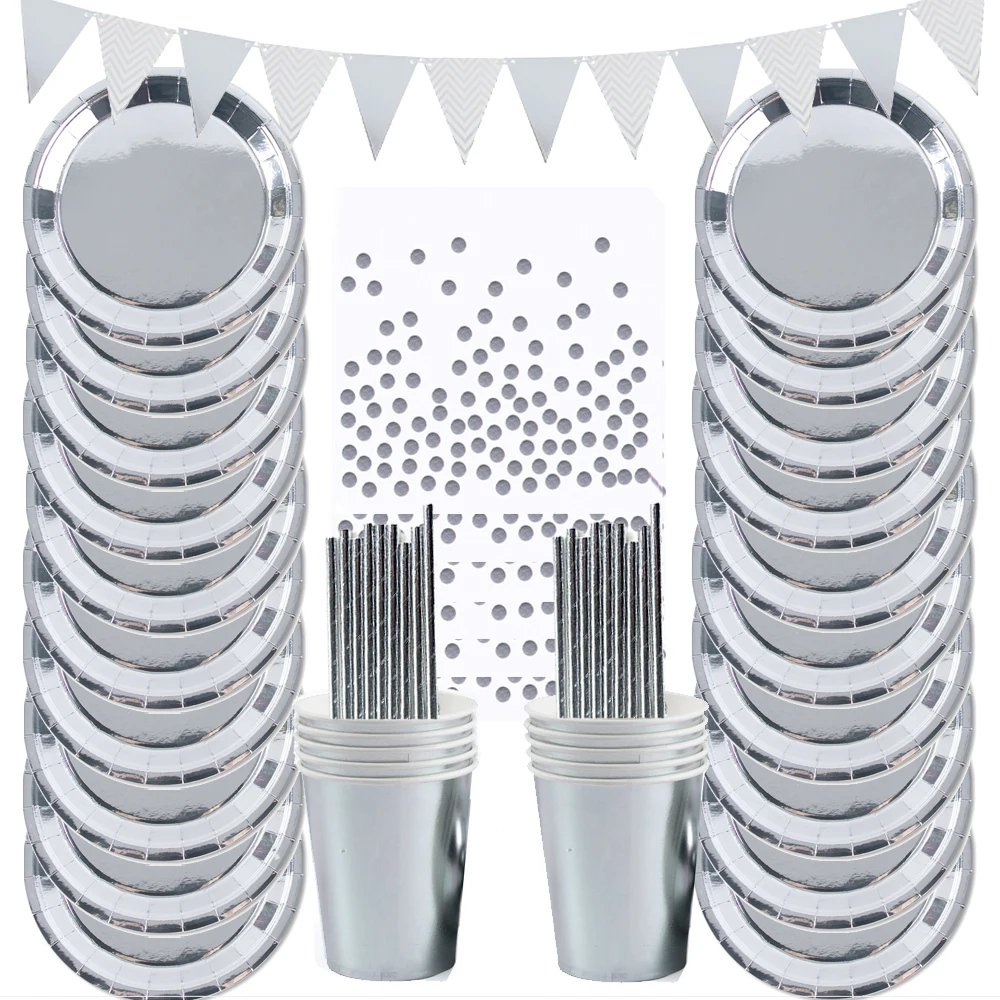 Silver party decoration Silver Paper Plate cup Tablecloth Birthday ...