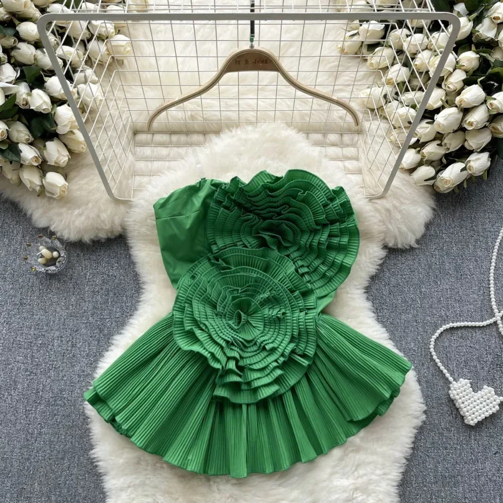Irregular Spaghetti Strap Tanks Camis For Women Pleated 3d Flowers