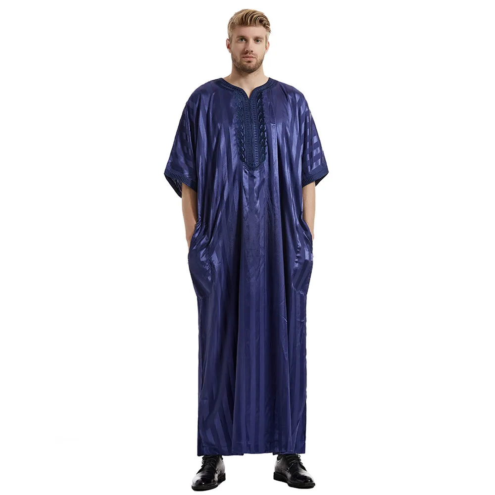 Ramadan Muslim Dress Abayas Dubai Casual Kaftan Satin Robe Stripes ...
