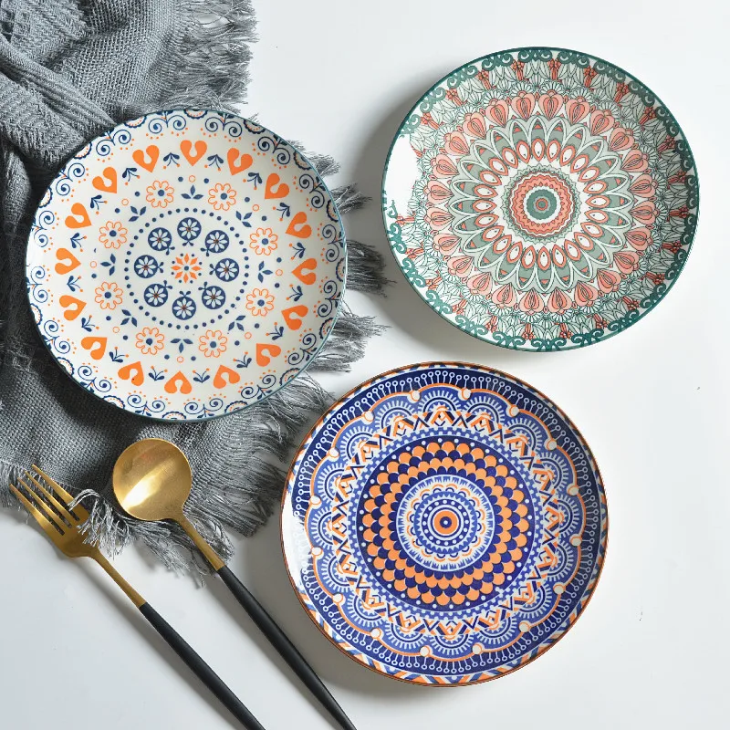 1PC Exquisite Ceramic Plate Round Flat Plate Home Underglaze Color ...