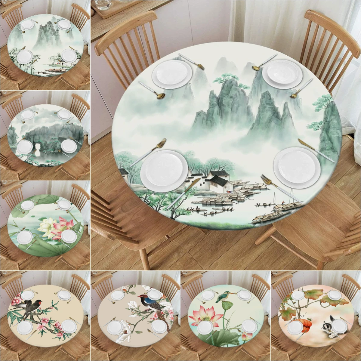 Chinese-Style-Round-Fitted-Tablecloth-Ink-Painting-Classical-Art ...