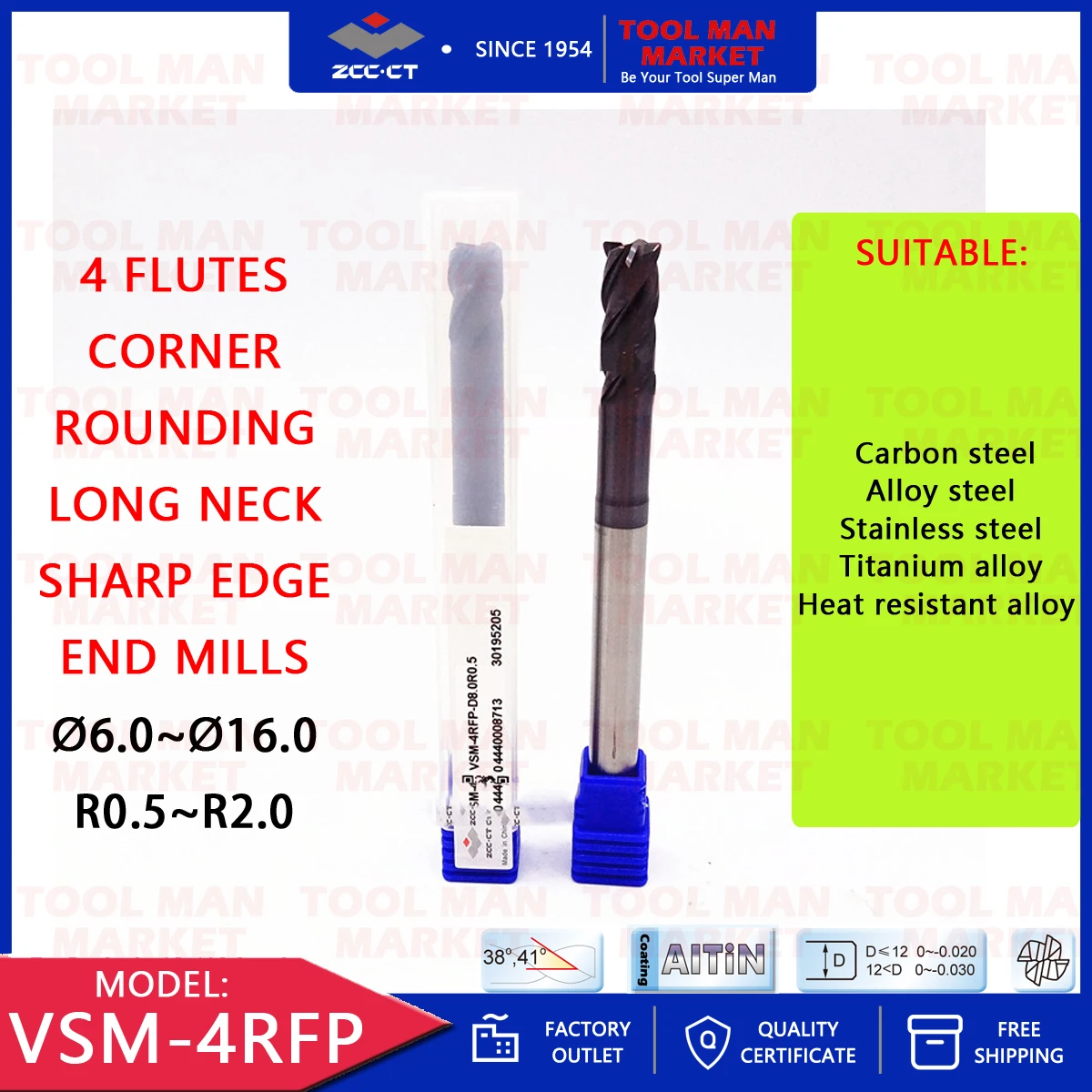 VSM-4RFP ZCCCT 4 Flutes Long Neck Short Blade Corner Rounding End ...