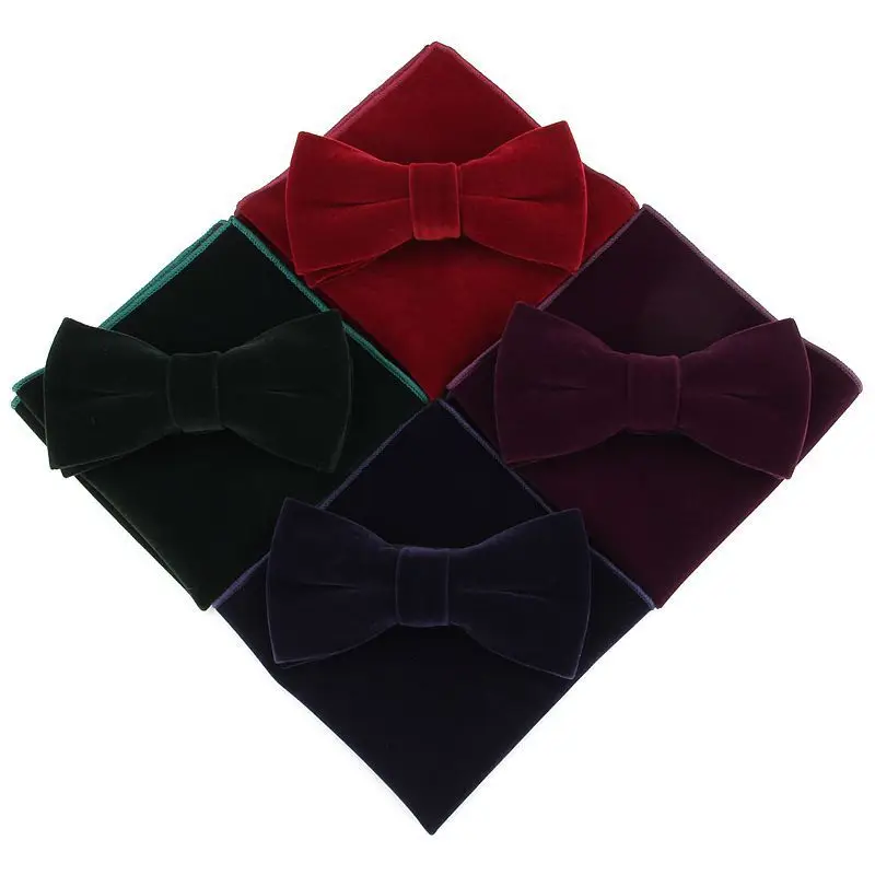 2pcs Neck Tie Set Fashion Men's Velvet Bowties Solid Black Pocket ...