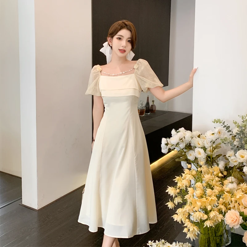 Women's Summer Beige Square Neck Dress Gentle and Elegant Romantic ...