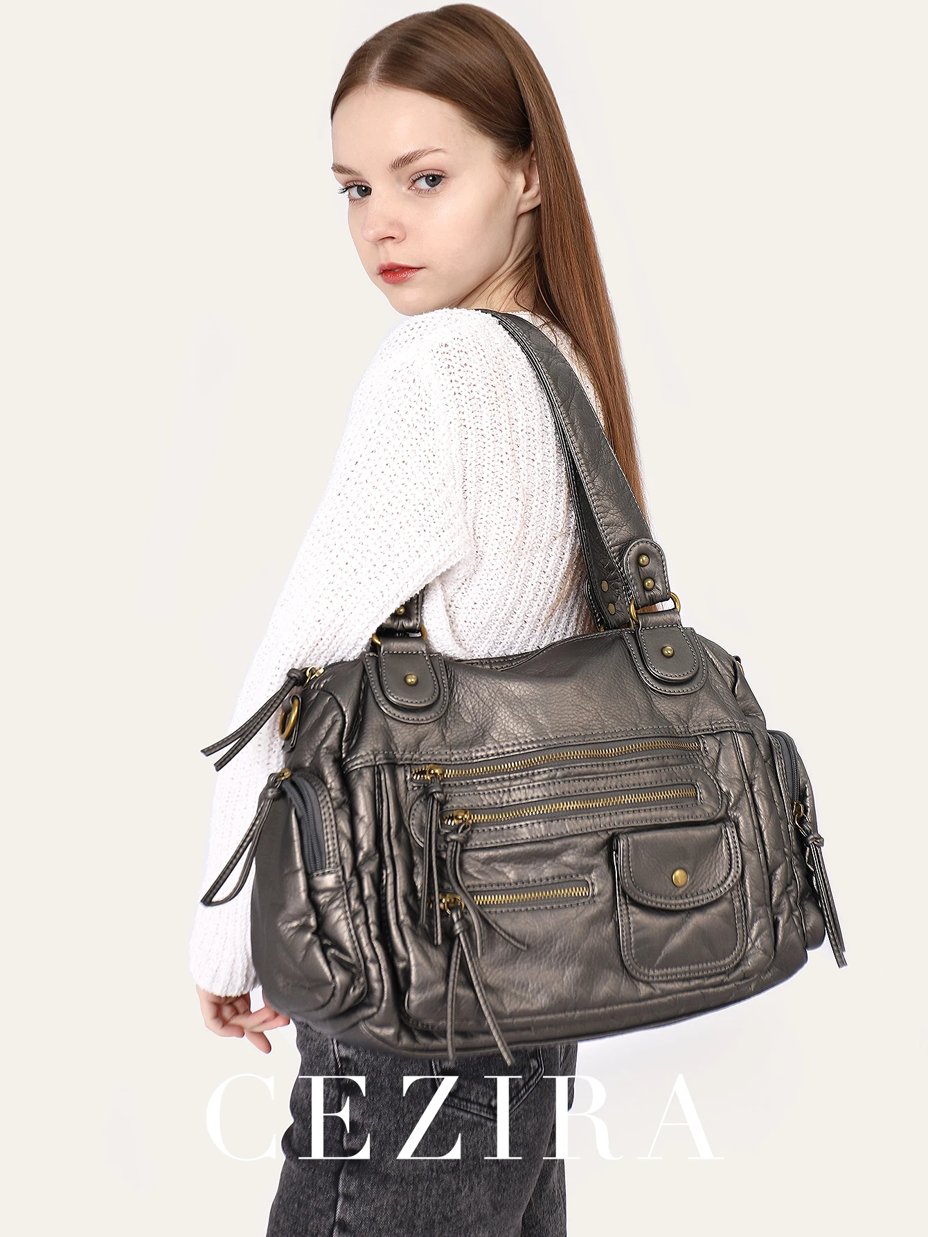 CEZIRA Women Unisex Brush-off Color Washed PU Vegan Leather Zip Pockets ...