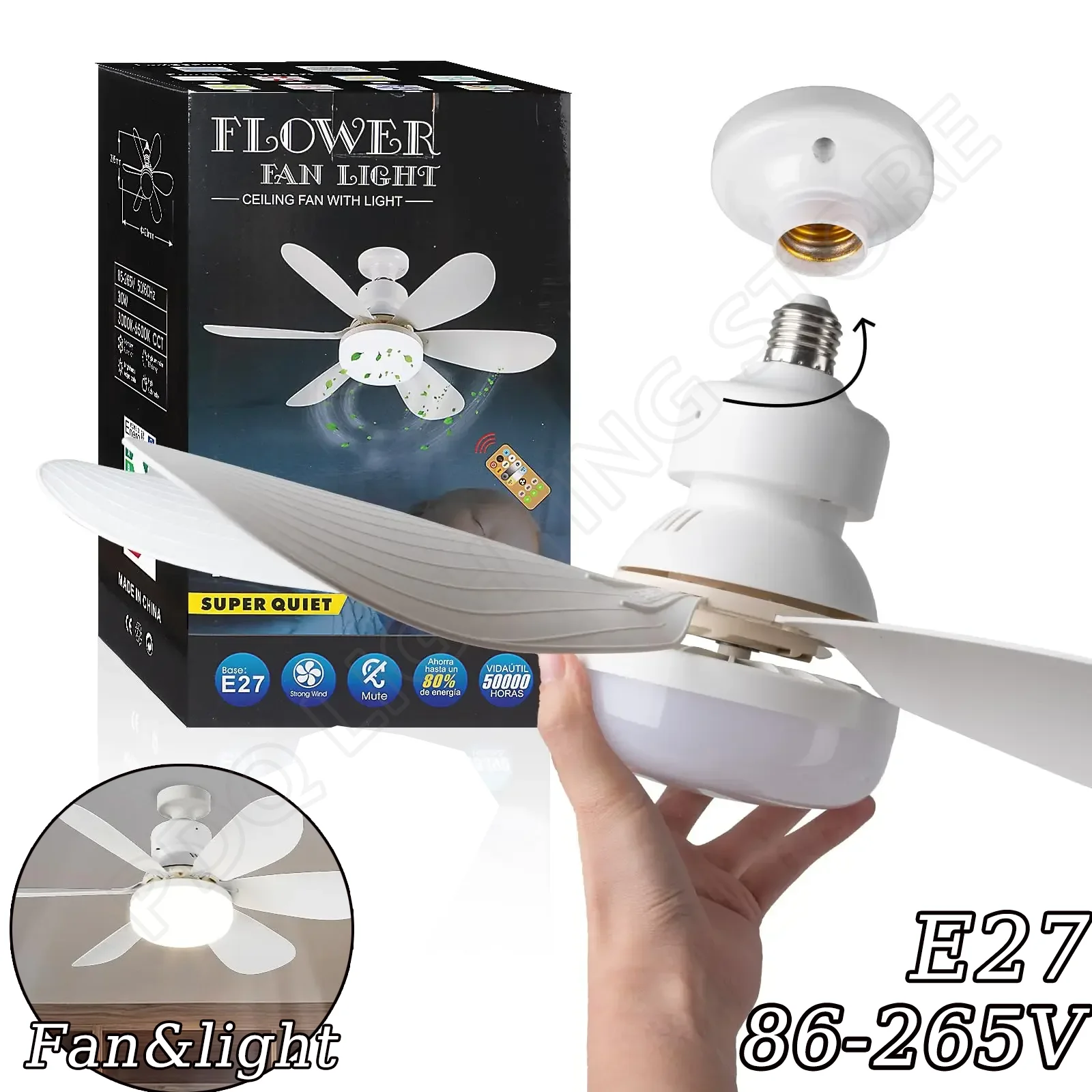 Remote-Control-Lighting-LED-Light-Ceiling-Fan-Fan-E27-Converter-Base ...