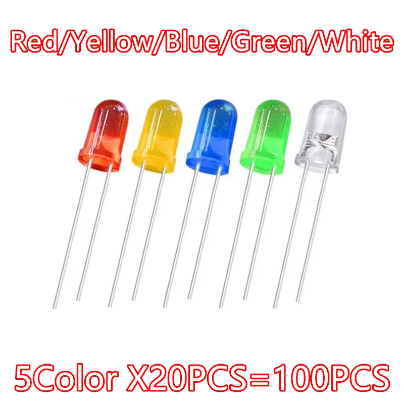 100pcs 5mm LED Light White Yellow Red Green Blue Assorted Kit DIY LEDs ...