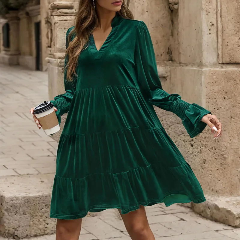Autumn-Winter-Solid-Color-Velvet-Dresses-Women-Long-Sleeve-V-neck-Folds ...