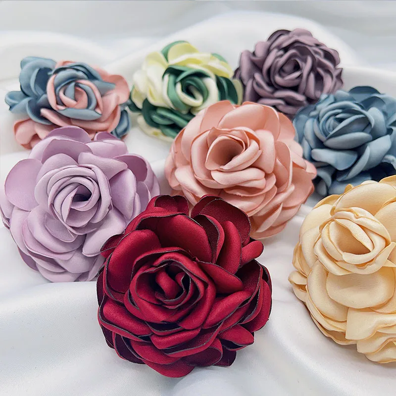 5Pcs 8CM Handmade DIY Large Satin Fabric Artificial Rose Flowers For ...