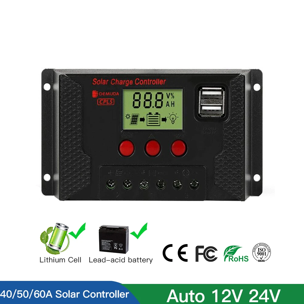 40a 50a 60a Pwm Solar Charge Controller Pv Regulaor For 12v 24v Ternary Lithium Lifepo4 Lead ...
