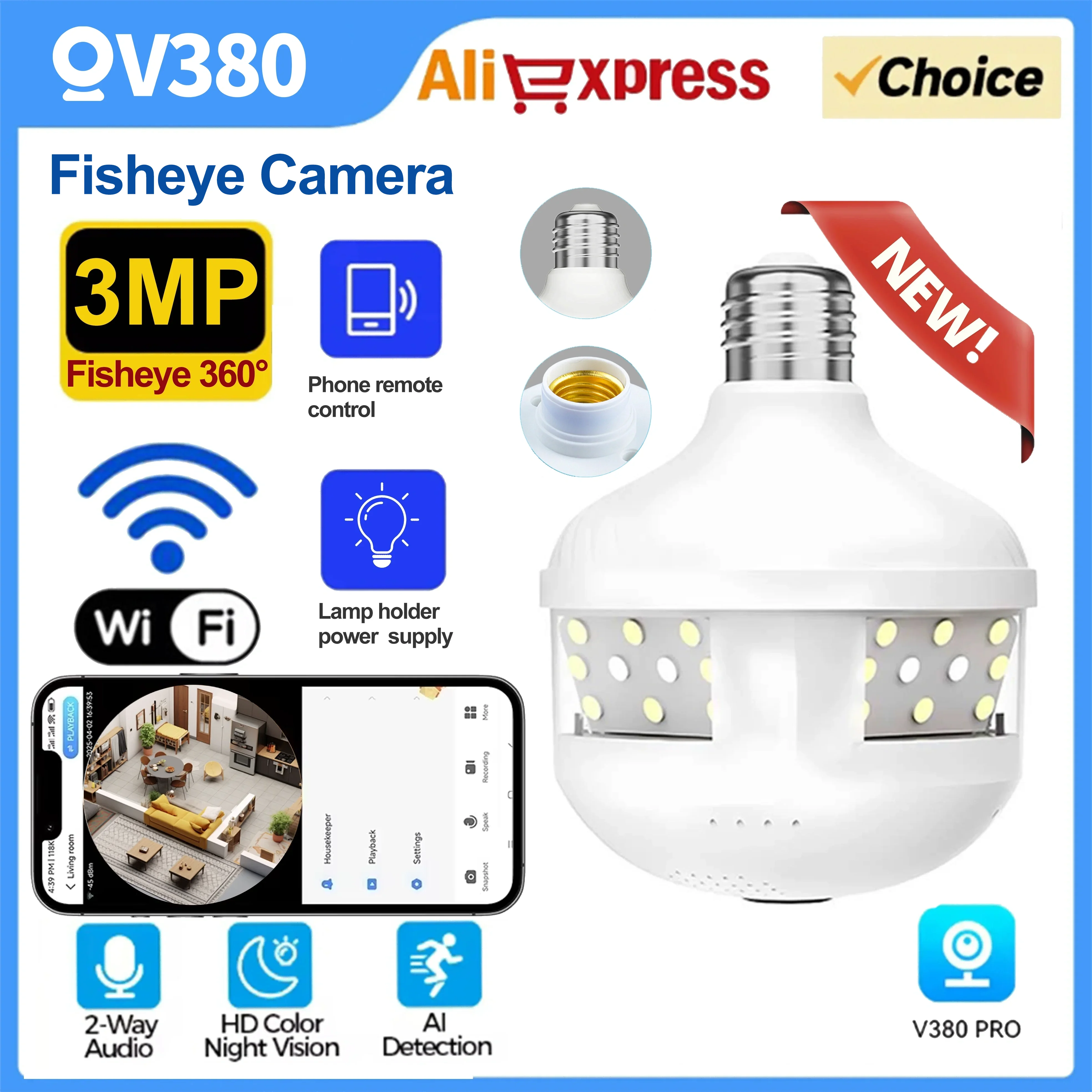 V380 PRO E27 Bulb Lighting Camera Security 360 Panoramic View Night ...