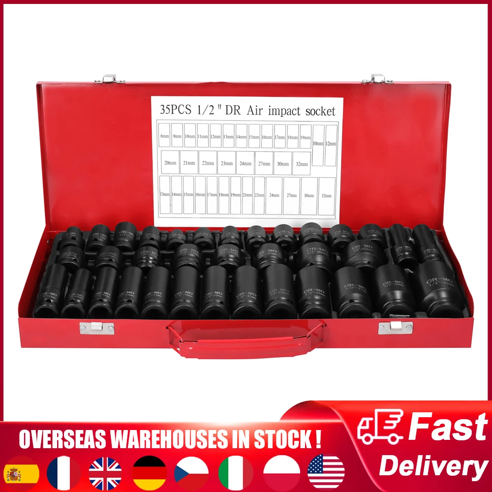 35PCS 12.5mm Pneumatic Impact Socket Set 1/2inch Drive Chrome Vanadium ...