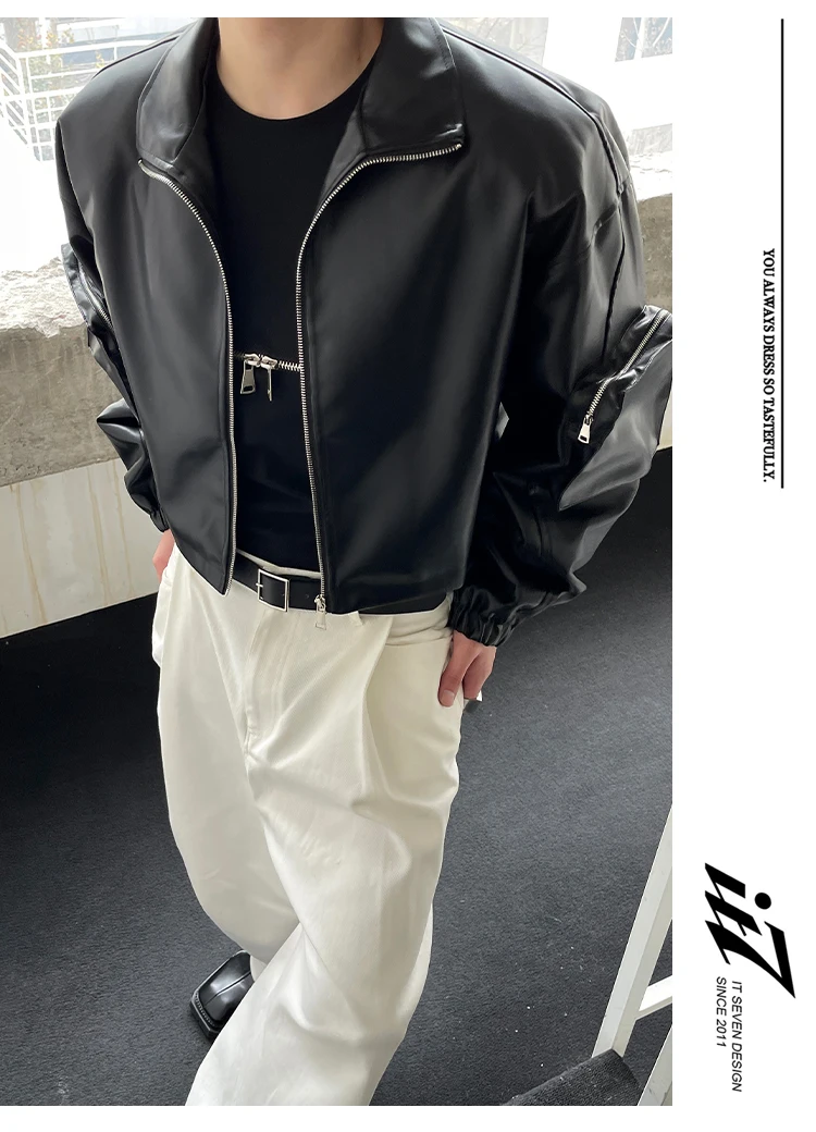Spring Autumn Cropped Pu Leather Jacket Men Long Sleeve Zipper Luxury – voguable