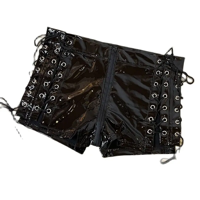 Women-Black-Bright-Pvc-Leather-Bandage-Shorts-Lace-Up-Side-Crisscross ...