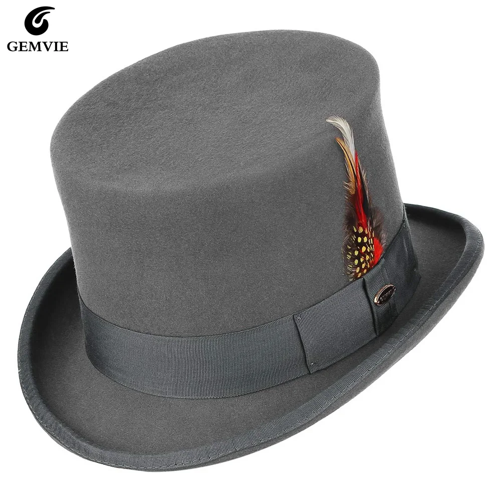 GEMVIE-Men-100-Wool-Top-Hat-Feather-Mad-Hatter-Satin-Lined-Low-Top-Hats ...