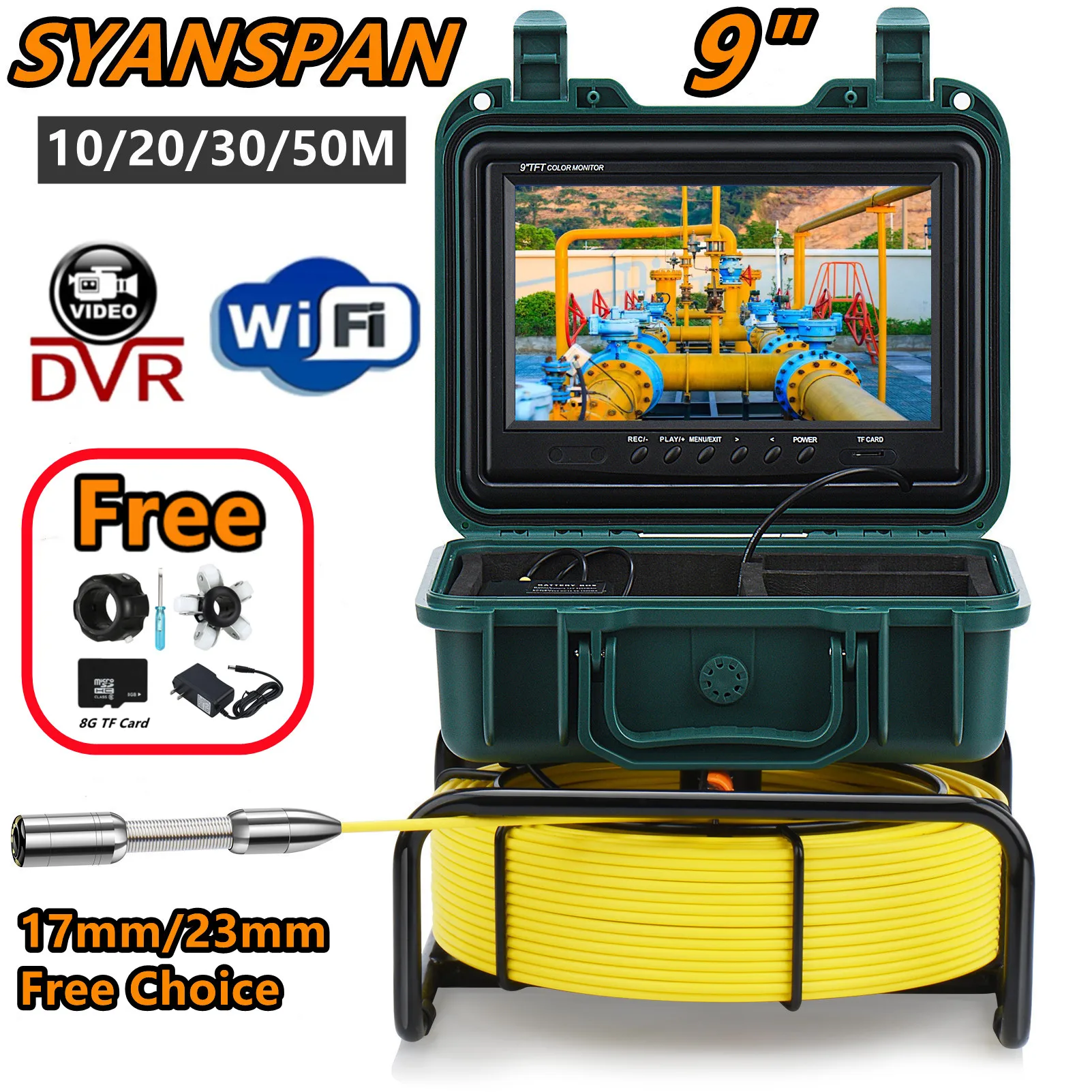 9" HD Screen DVR/WiFi 8GB Card IP68 20/30/50M SYANSPAN Pipe Inspection Camera 23mm Drain Sewer ...