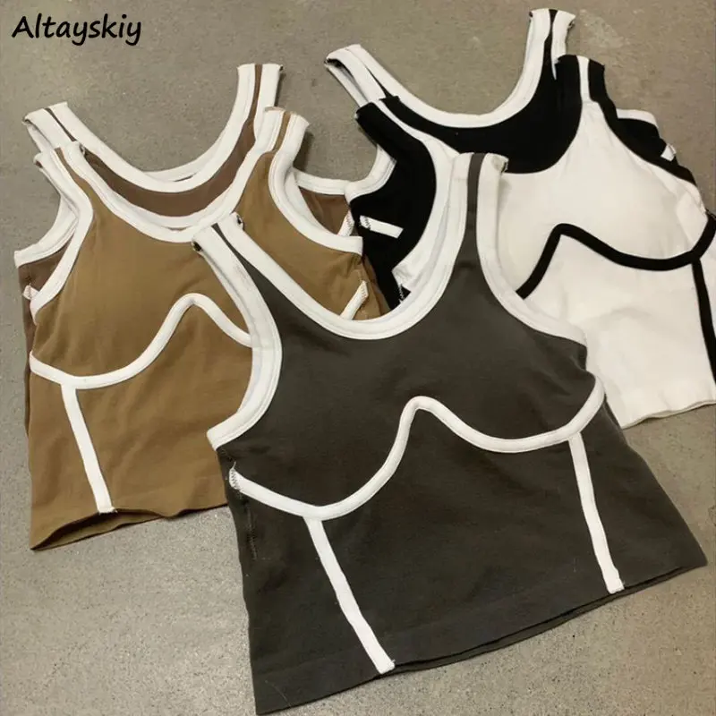 5 Colors Tanks Women Crop Tops Patchwork Elegant Slim Sexy Fitness Sporty Harajuku All Match For