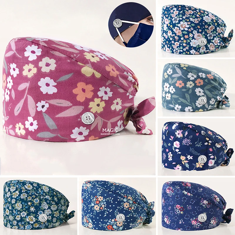 Women Men Scrubs Cap With Buttons Nurse Doctor Surgical Cap Cotton ...