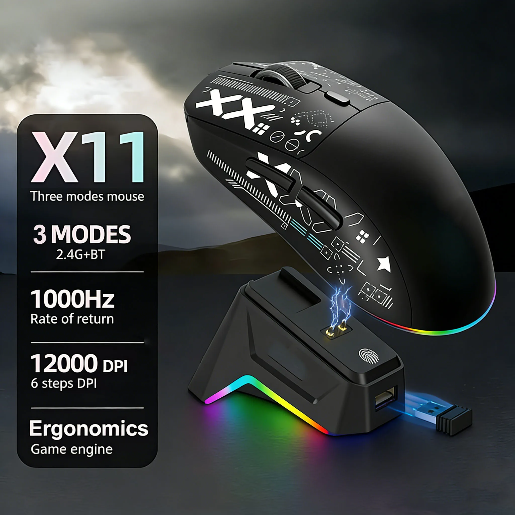 NEW X11 RGB Backlit Wireless Gaming Mouse with Charging Base Triple ...