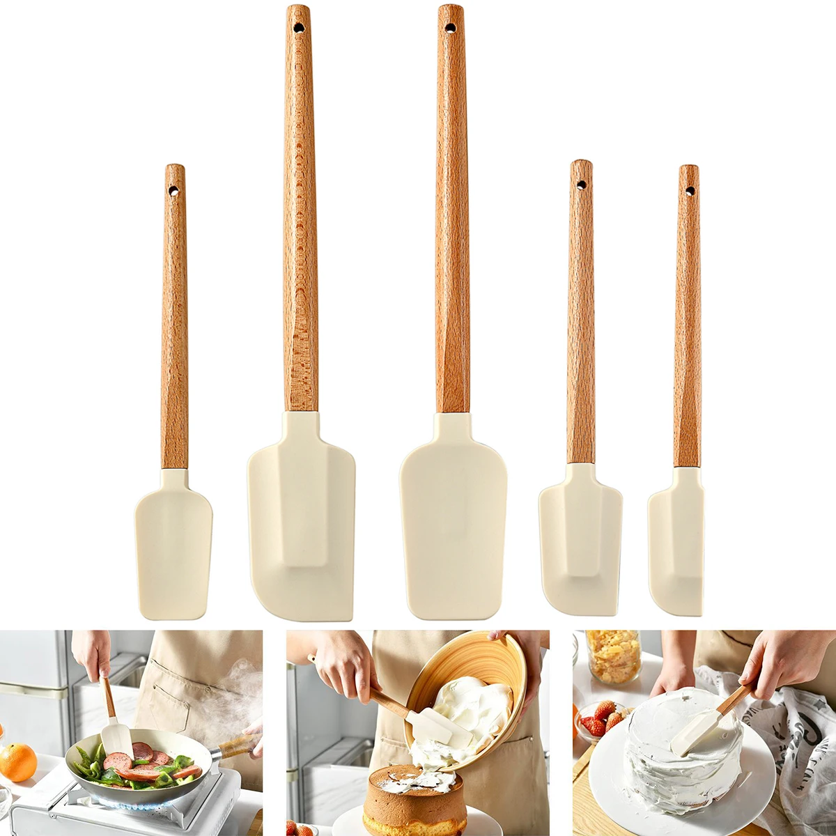 5pcs Wooden Handle Silicone Scrapers Set High Temperature Resistant ...