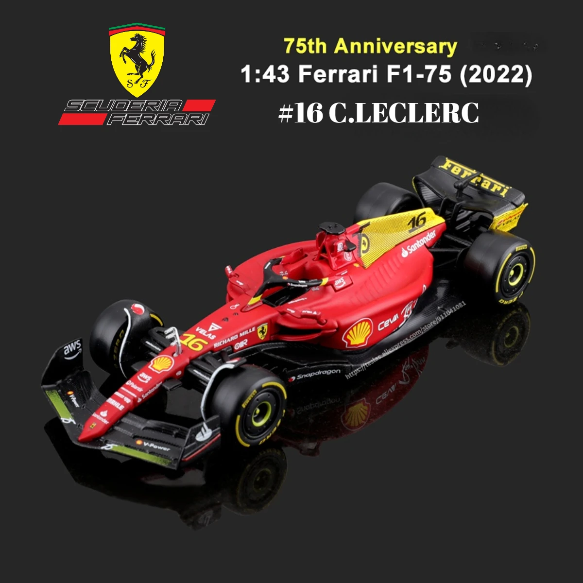 Bburago-New-F1-2022-Car-Model-1-43-Scale-Ferrari-75th-F1-75-Leclerc-Red ...