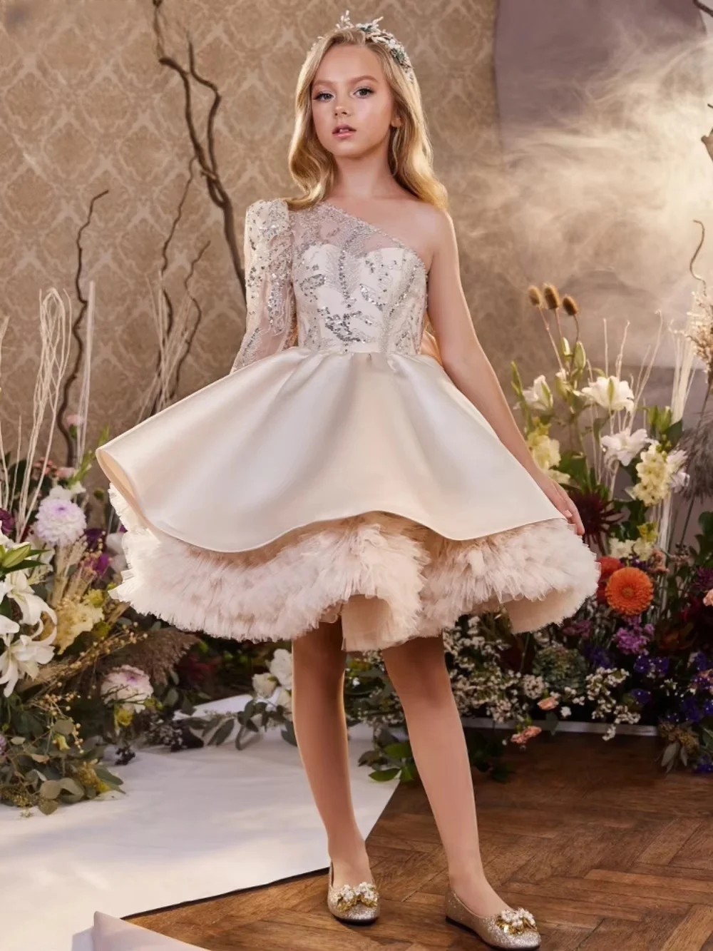 Sparkly Glitter Princess Gown for Girls, One Shoulder Long Sleeve ...