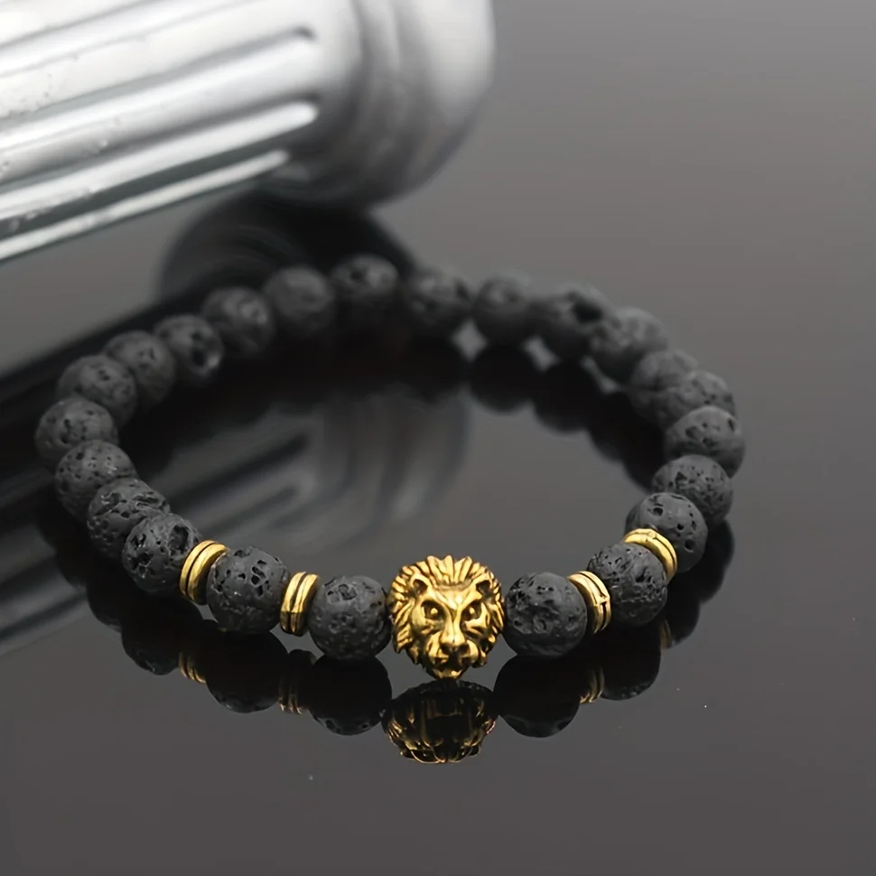1pc-Lava-Volcanic-Stone-Bracelet-With-Fashionable-Alloy-Lion-Head-For ...