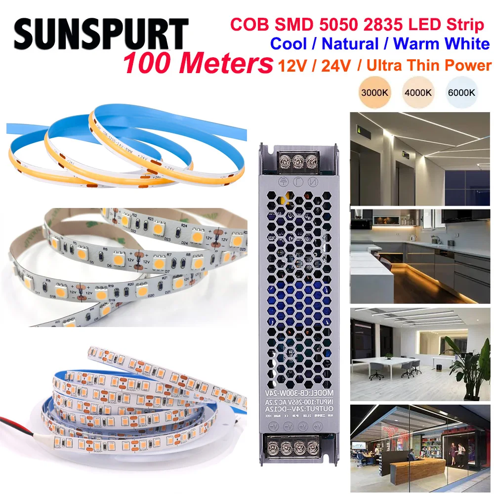 5-100M LED Strip DC12V 24V COB SMD2835 5050 320 120 60 Flexible Tape ...